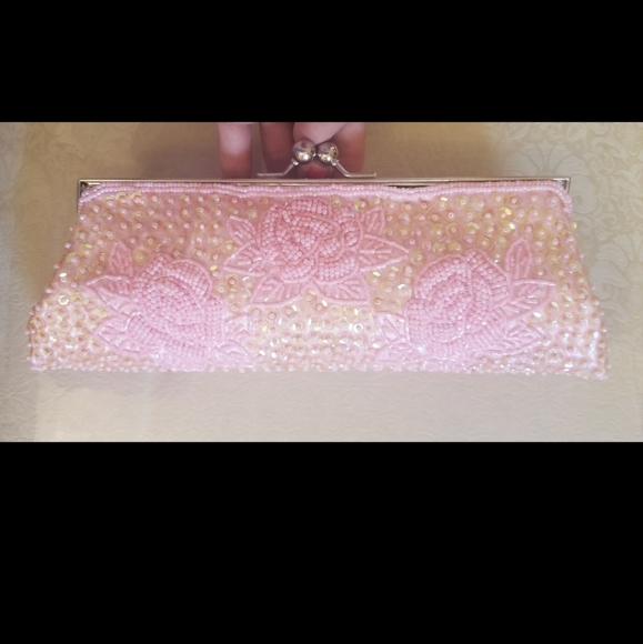 Bags | Embellished Beaded Sequin Pink Clutch Party Purse Rose Design ...